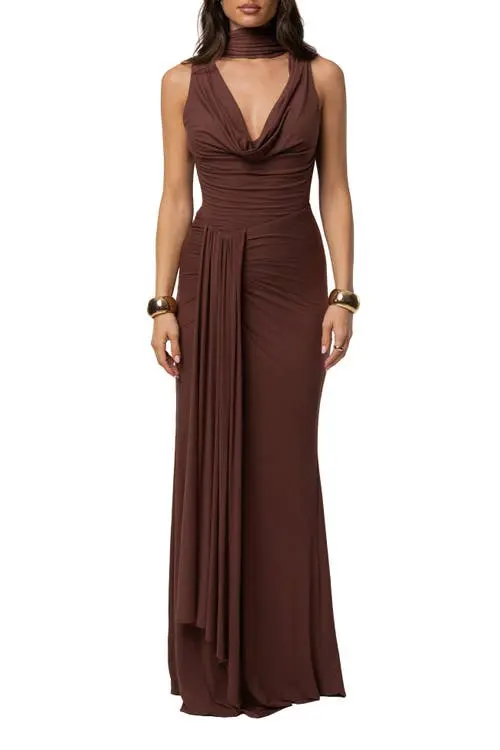 JLUXLABEL Sleeveless Cowl Neck Bodysuit And Maxi Skirt Set With Mermaid Hem - Brown
