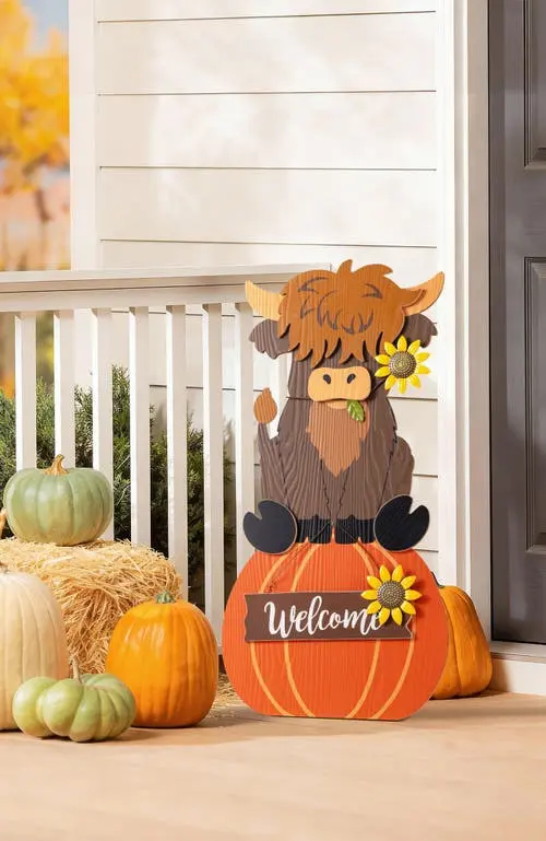 GLITZHOM 30"h Fall Wood Highland Cow Porch Decor