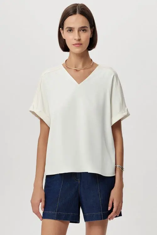 EXQUISE V Neck Short Sleeve Blouse - Ecru