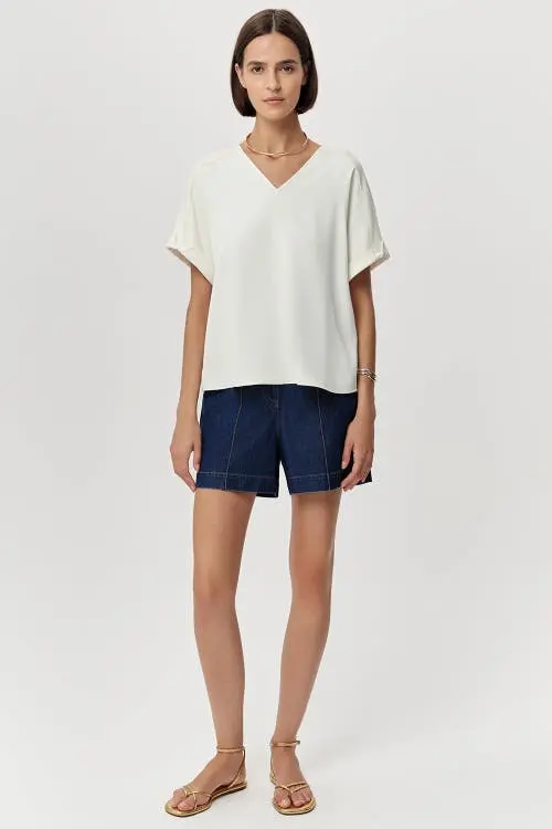 EXQUISE V Neck Short Sleeve Blouse