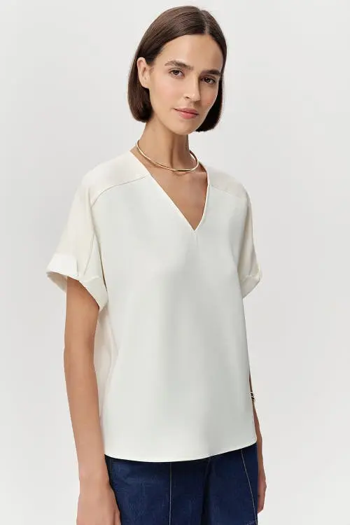 EXQUISE V Neck Short Sleeve Blouse