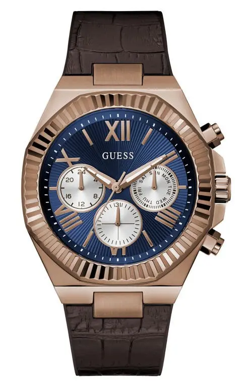 Guess Coffee Chronograph Leather & Silicone Strap Watch