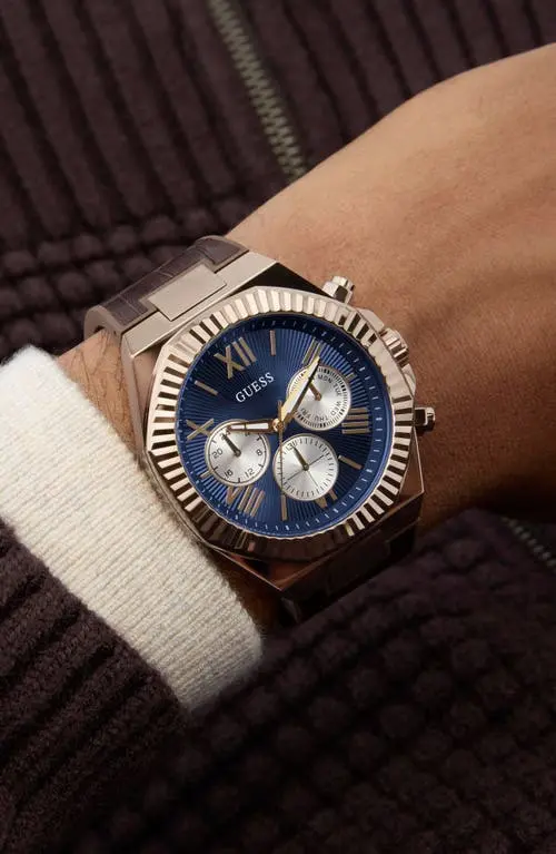 Guess Coffee Chronograph Leather & Silicone Strap Watch