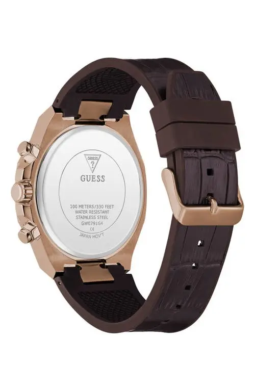 Guess Coffee Chronograph Leather & Silicone Strap Watch