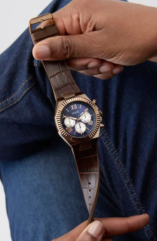 Guess Coffee Chronograph Leather & Silicone Strap Watch