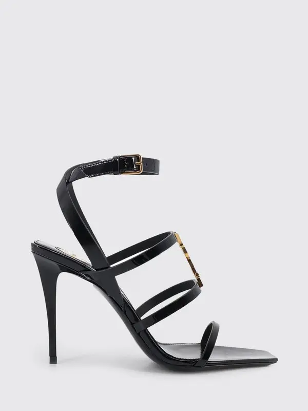 Saint Laurent Patent Leather Heeled Sandals With Gold Tone Logo - Black