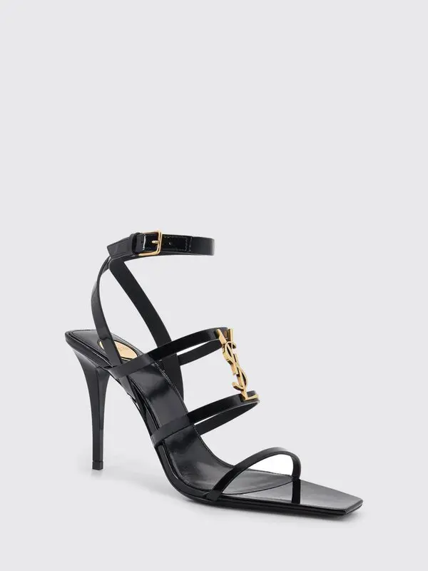 Saint Laurent Patent Leather Heeled Sandals With Gold Tone Logo