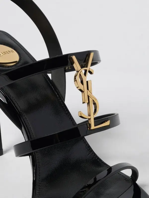 Saint Laurent Patent Leather Heeled Sandals With Gold Tone Logo