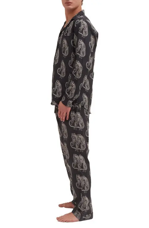 Desmond & Dempsey Tiger Print Long Sleeve Cotton Pajamas - Black/cream