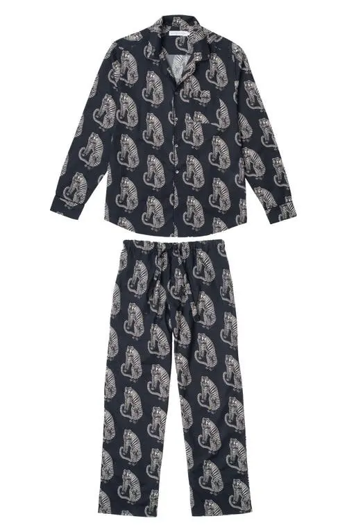 Desmond & Dempsey Tiger Print Long Sleeve Cotton Pajamas - Black/cream