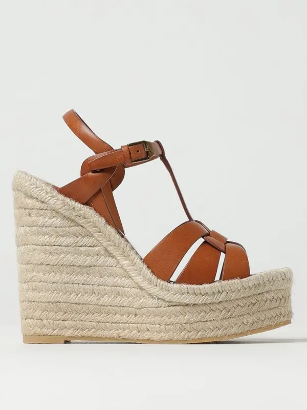 Saint Laurent Leather Strappy Wedge Sandals - Brown
