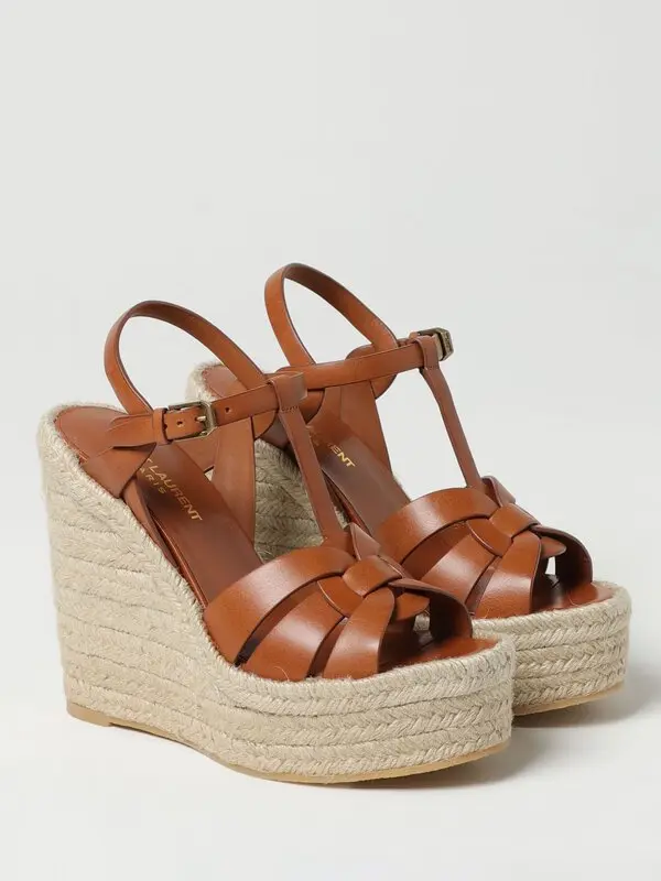 Saint Laurent Leather Strappy Wedge Sandals