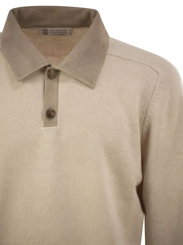 Brunello Cucinelli Pure Cashmere Polo Jumper With Leather Details
