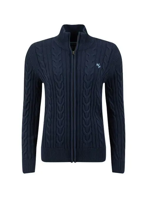 WEIRD FISH Full Zip Cable Knit Cardigan - Navy
