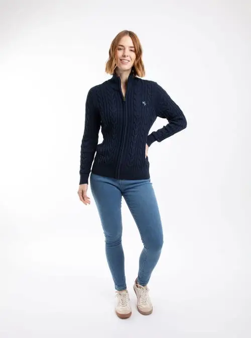 WEIRD FISH Full Zip Cable Knit Cardigan - Navy