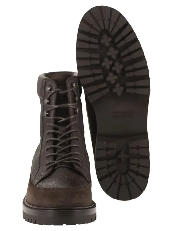 Brunello Cucinelli Grained Leather And Suede Lace-up Boots