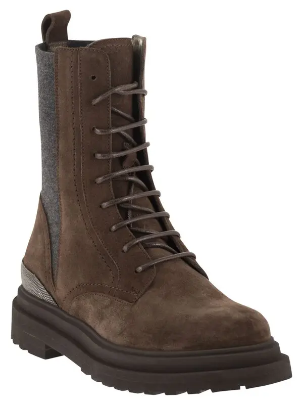 Brunello Cucinelli Suede And Cashmere Combat Boots With Monili Trim