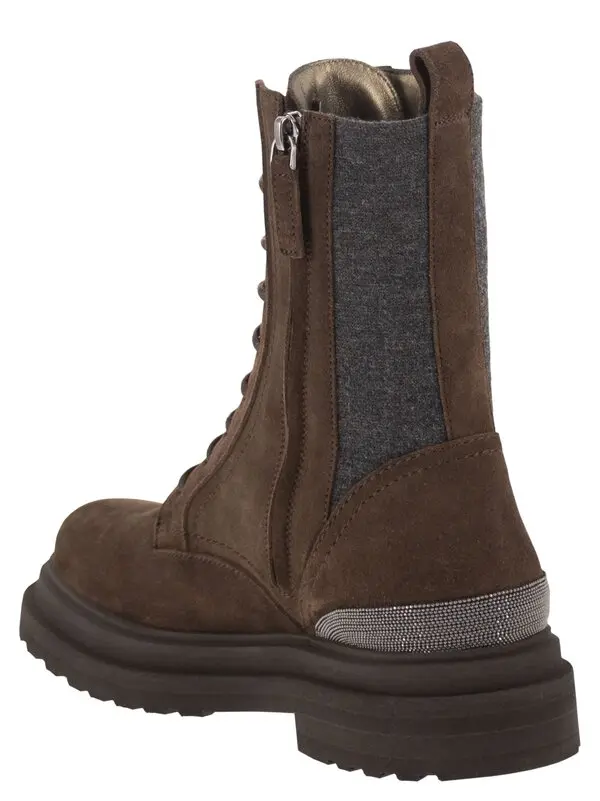 Brunello Cucinelli Suede And Cashmere Combat Boots With Monili Trim