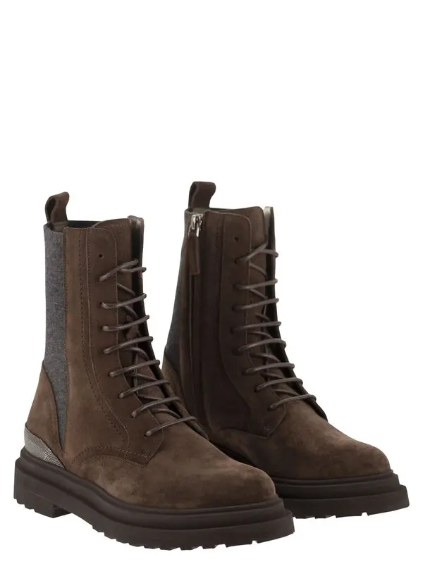 Brunello Cucinelli Suede And Cashmere Combat Boots With Monili Trim