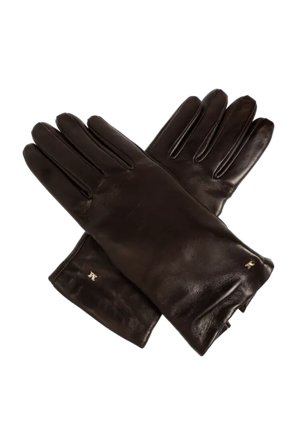 Max Mara Leather Gloves With Gold Tone Logo - Brown