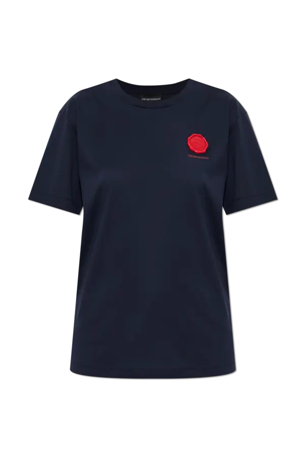 Emporio Armani Cotton T-shirt With Red Appliqué And Script Detail - Navy Blue