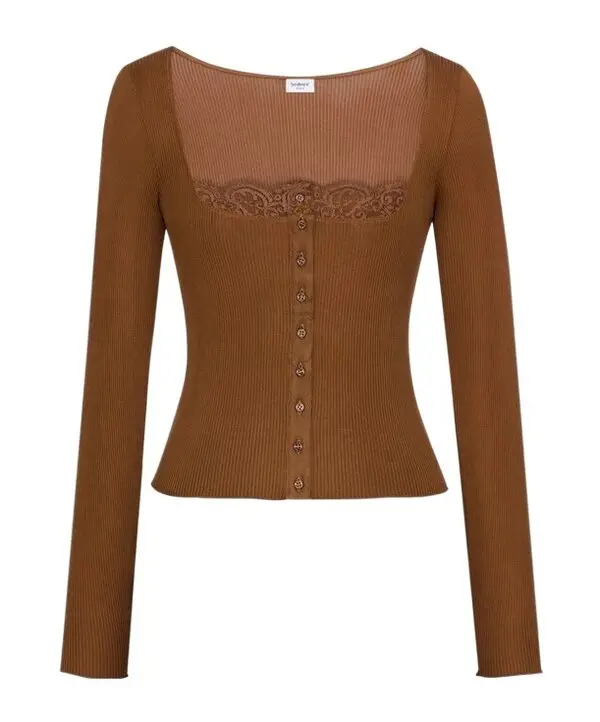 Saint Laurent Ribbed Silk Square Neck Top