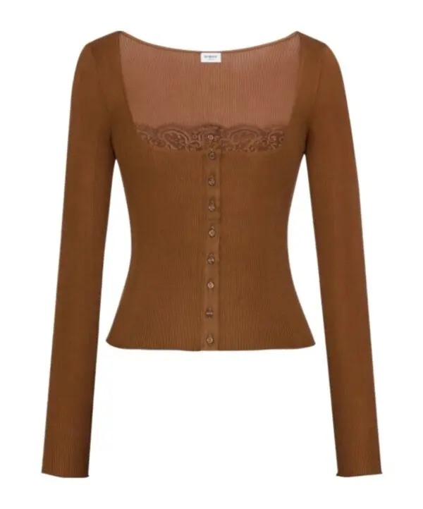 Saint Laurent Ribbed Silk Square Neck Top - Cognac