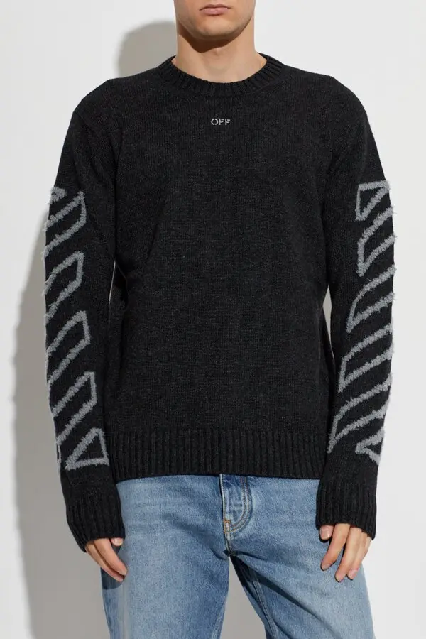 Off-White Wool Sweater With Diagonal Stripe And Arrow Graphics