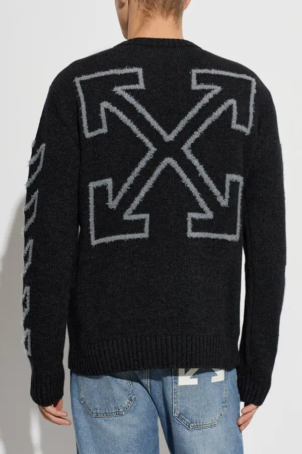 Off-White Wool Sweater With Diagonal Stripe And Arrow Graphics