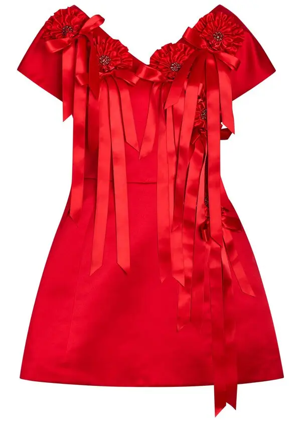 Simone Rocha Duchess Satin Rosette Appliqué Mini Dress