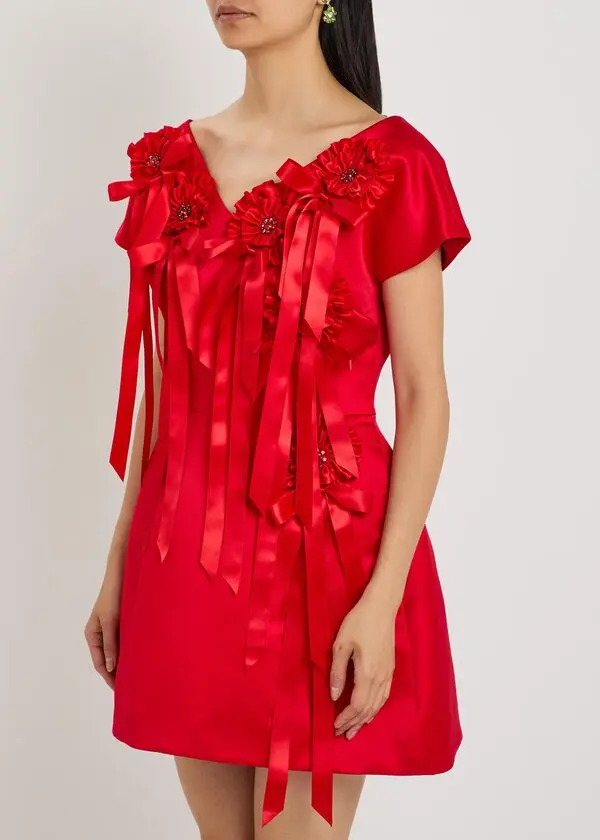 Simone Rocha Duchess Satin Rosette Appliqué Mini Dress