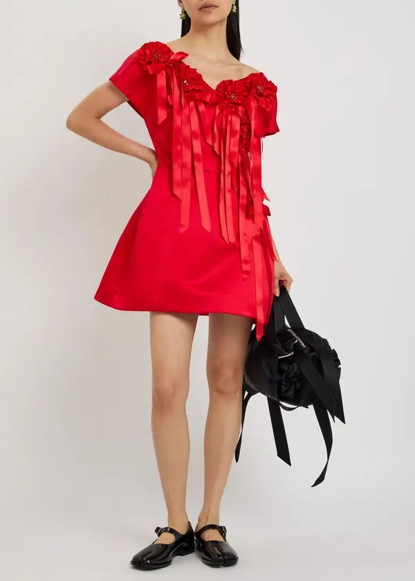 Simone Rocha Duchess Satin Rosette Appliqué Mini Dress