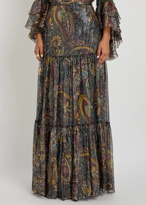 Etro Tiered Metallic Silk Midi Skirt