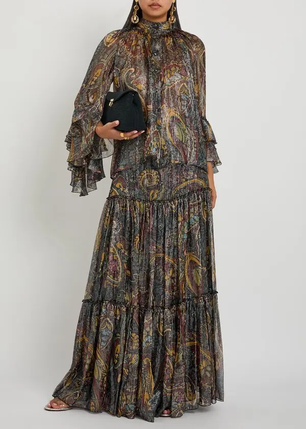 Etro Tiered Metallic Silk Midi Skirt