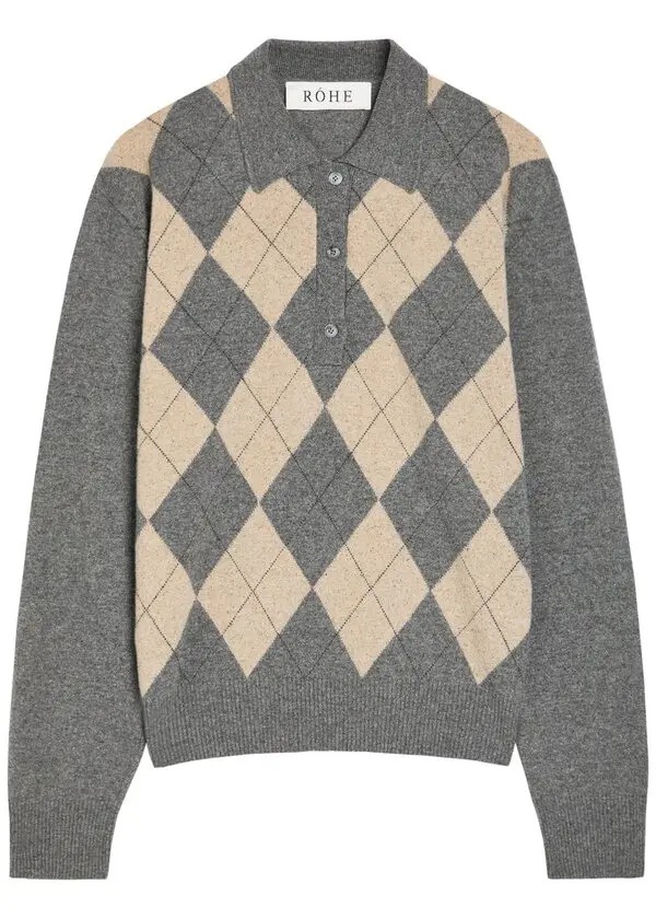 RÓHE Argyle Wool-blend Polo Jumper - Grey