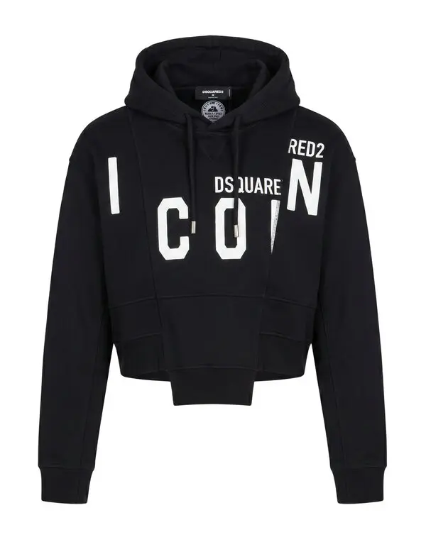 Dsquared2 Cotton French Terry Asymmetrical Graphic Print Hoodie - Black