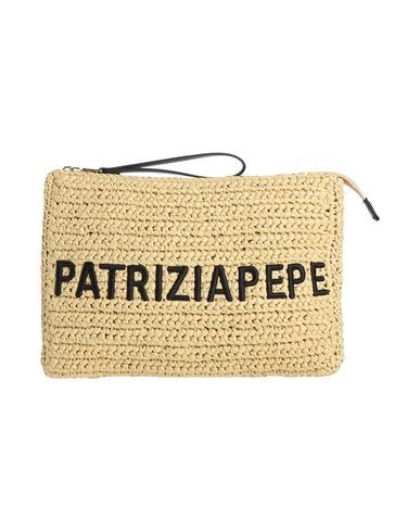 Patrizia Pepe Woven Raffia Clutch With Embroidered Logo And Wristlet Strap - Beige