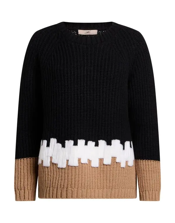 CARLA G. Ribbed Knit Crewneck Sweater With Multicolor Detail
