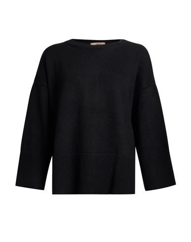 CARLA G. Crewneck Sweater With Side Slit Hem - Black