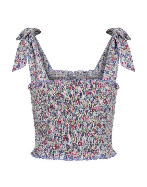 Poupette St Barth Viscose Floral Print Shirred Crop Top