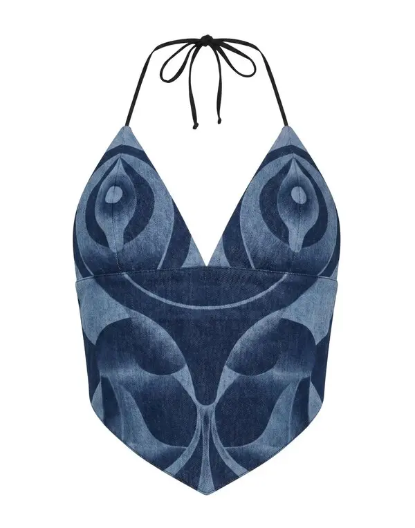 CONNER IVES Printed Denim Halter Top