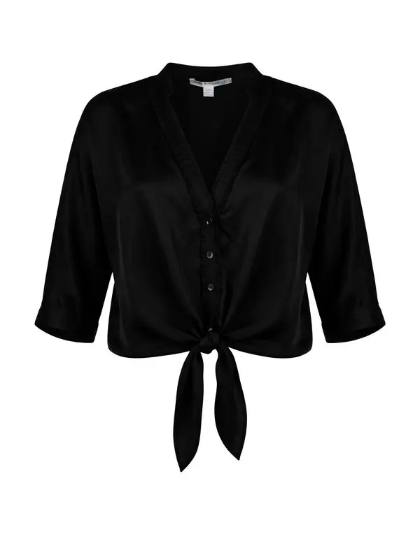Poupette St Barth Ruched Satin Front Tie Shirt - Black