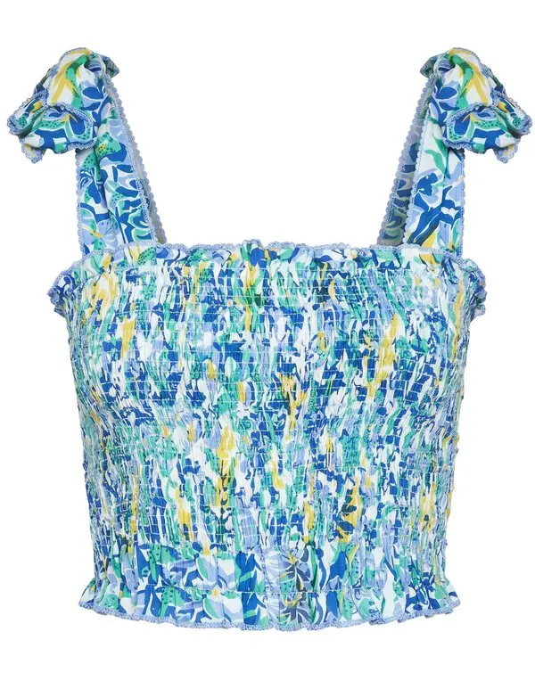 Poupette St Barth Ecovero Viscose Floral Print Shirred Cropped Top