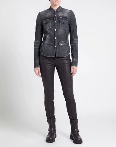 Dsquared2 Distressed Cotton Denim Shirt With Mandarin Collar