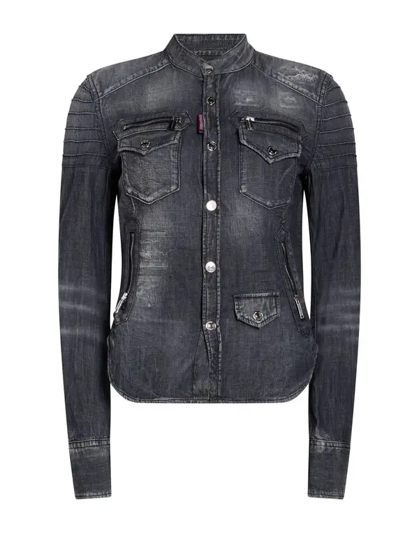 Dsquared2 Distressed Cotton Denim Shirt With Mandarin Collar