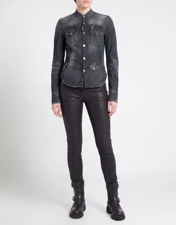 Dsquared2 Distressed Cotton Denim Shirt With Mandarin Collar