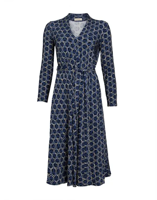 SIYU Geometric Print V-neck Long Sleeve Midi Dress