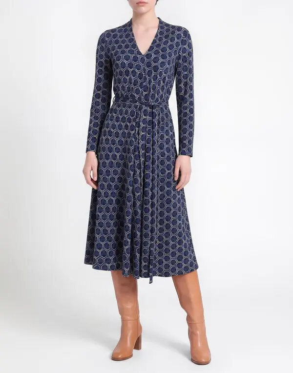 SIYU Geometric Print V-neck Long Sleeve Midi Dress