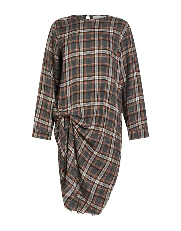 8PM Tartan Pattern Gathered Crewneck Midi Dress
