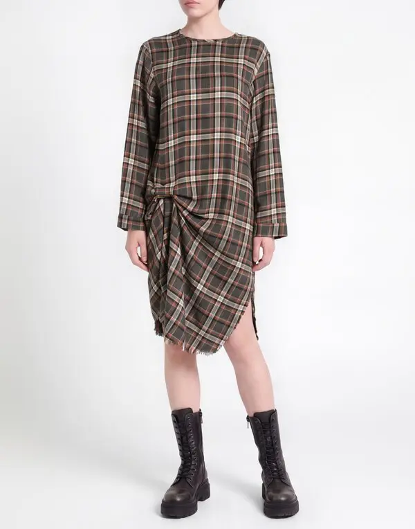 8PM Tartan Pattern Gathered Crewneck Midi Dress